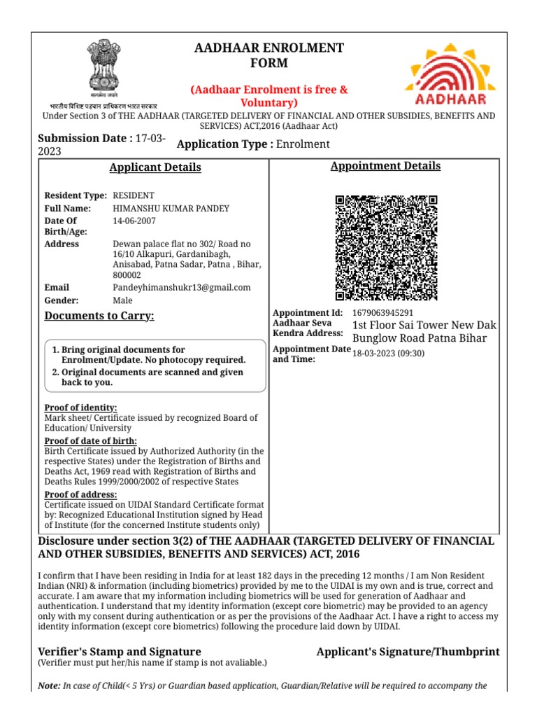 Aadhaar Enrolment Form for Himanshu Kumar Pandey Seeking to Obtain ...
