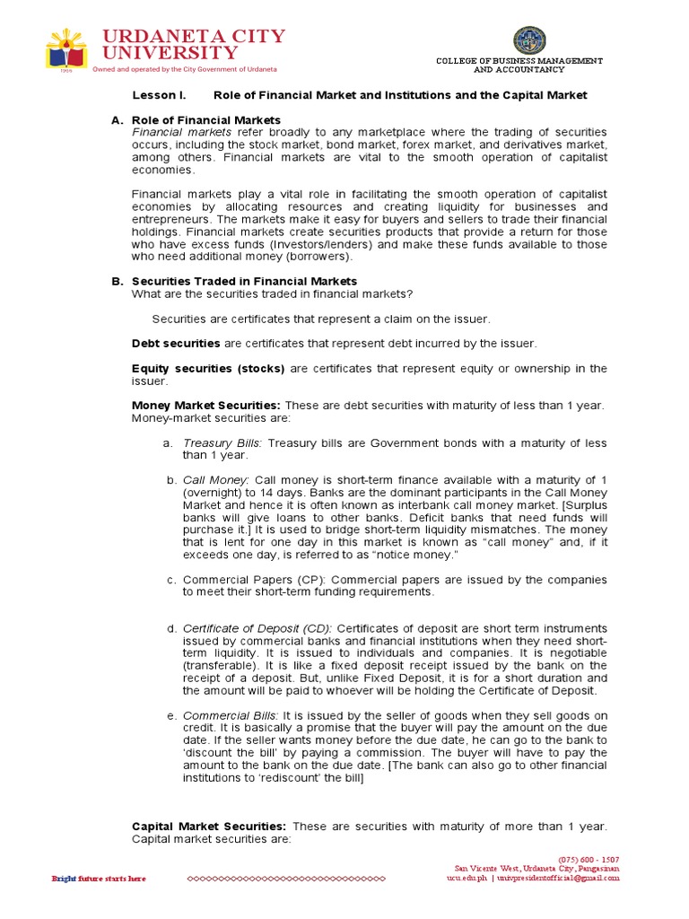 Lesson 1 Capital Markets Pdf Financial Markets Financial Capital