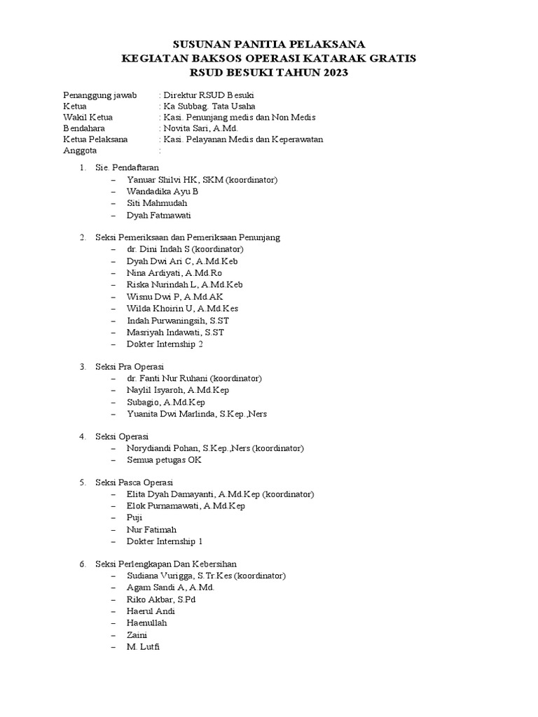 SUSUNAN PANITIA PELAKSANA - Baksos 2023 | PDF