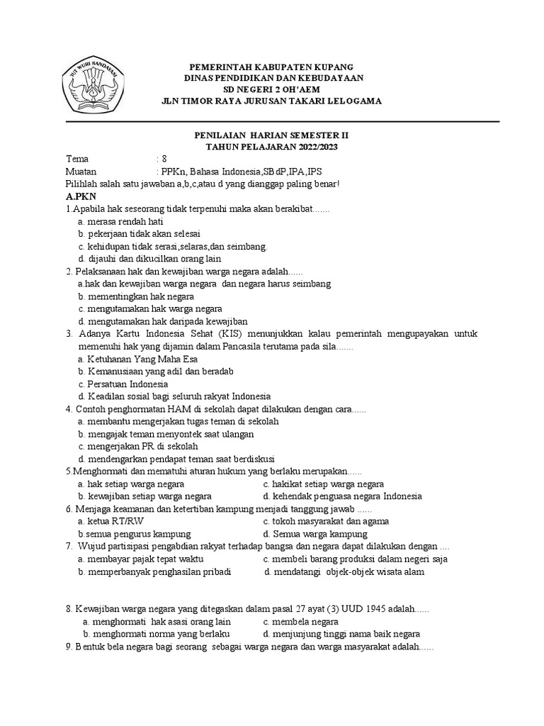 Soal PH Tema 8 KLS 6 Sem 2 | PDF
