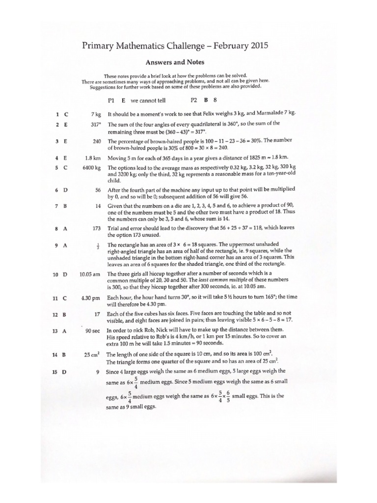 Primary Mathematics Challenge - February 2015 | PDF