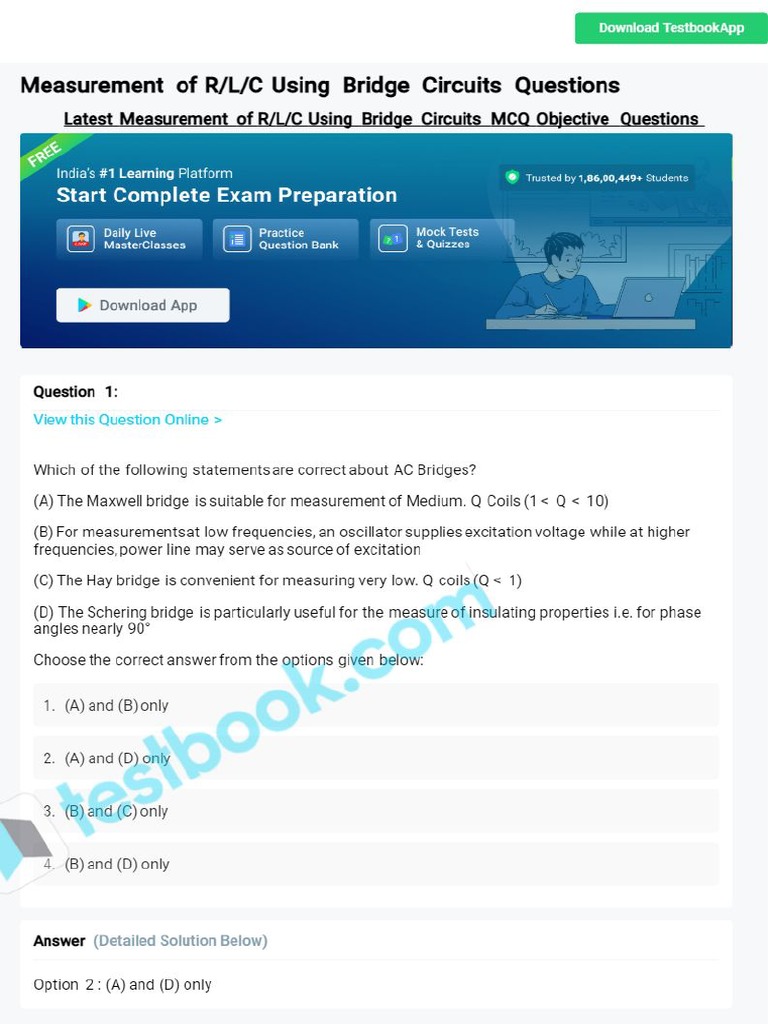 MCQ On Measurement of RLC Using Bridge Circuits 5eea6a1039140f30f369e984 PDF | PDF