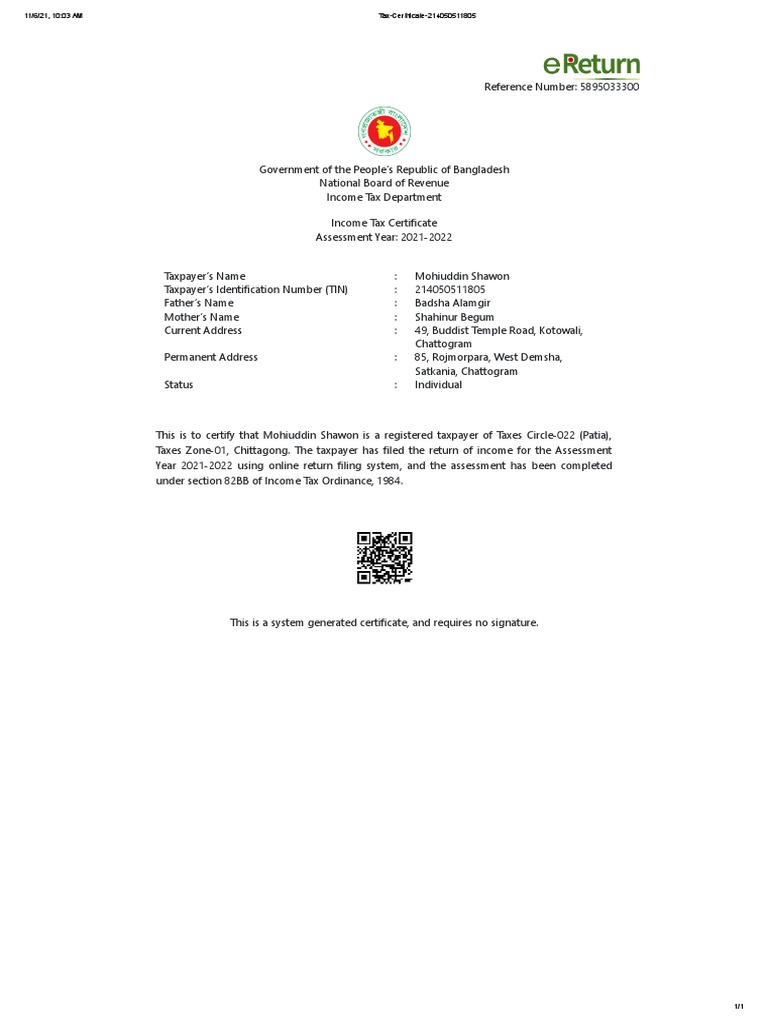 Income Tax Certificate for 2021-2022 | PDF