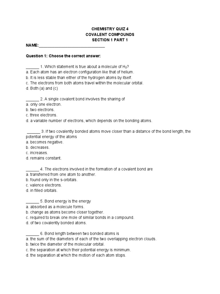 Covalent Compounds Quiz 1 | PDF | Chemical Bond | Covalent Bond