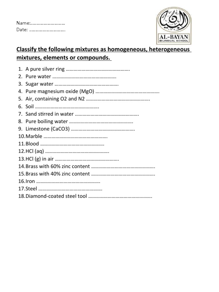 Heterogeneous Mixture Homogeneous Mixture Worksheet | PDF
