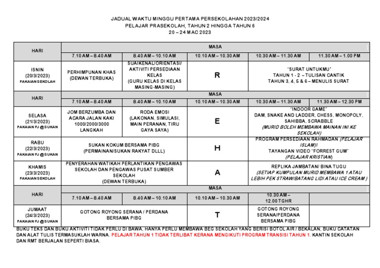 Jadual Waktu Minggu Pertama Persekolahan 2023 | PDF