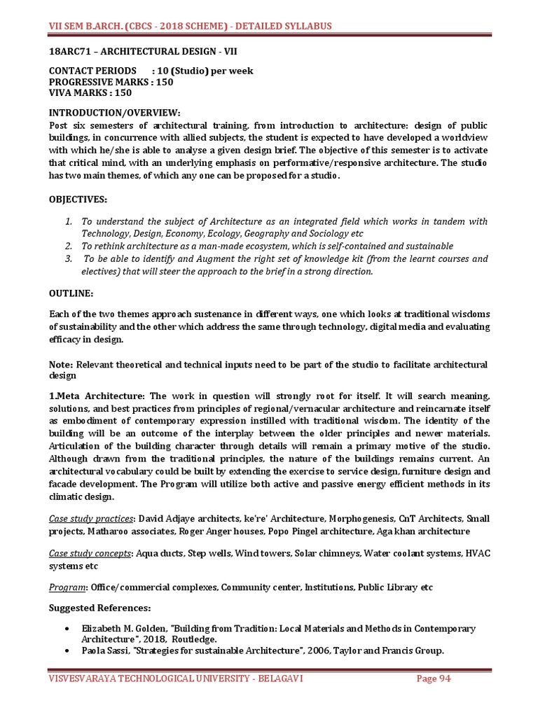 Vii Sem B.arch. (CBCS - 2018 Scheme) - Detailed Syllabus PDF | PDF ...