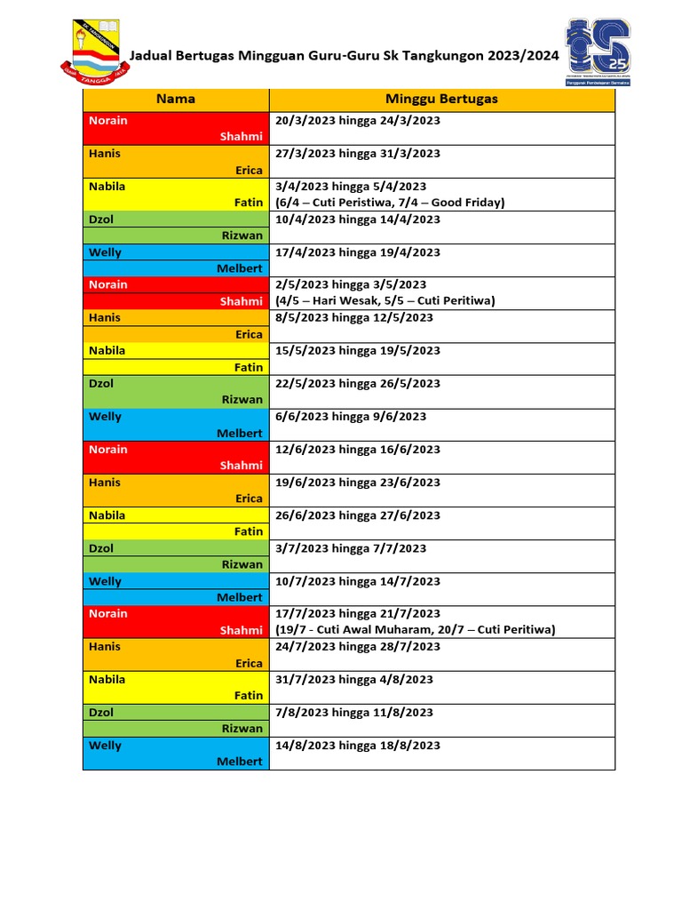 Jadual Bertugas Mingguan Guru 2023-2024 | PDF