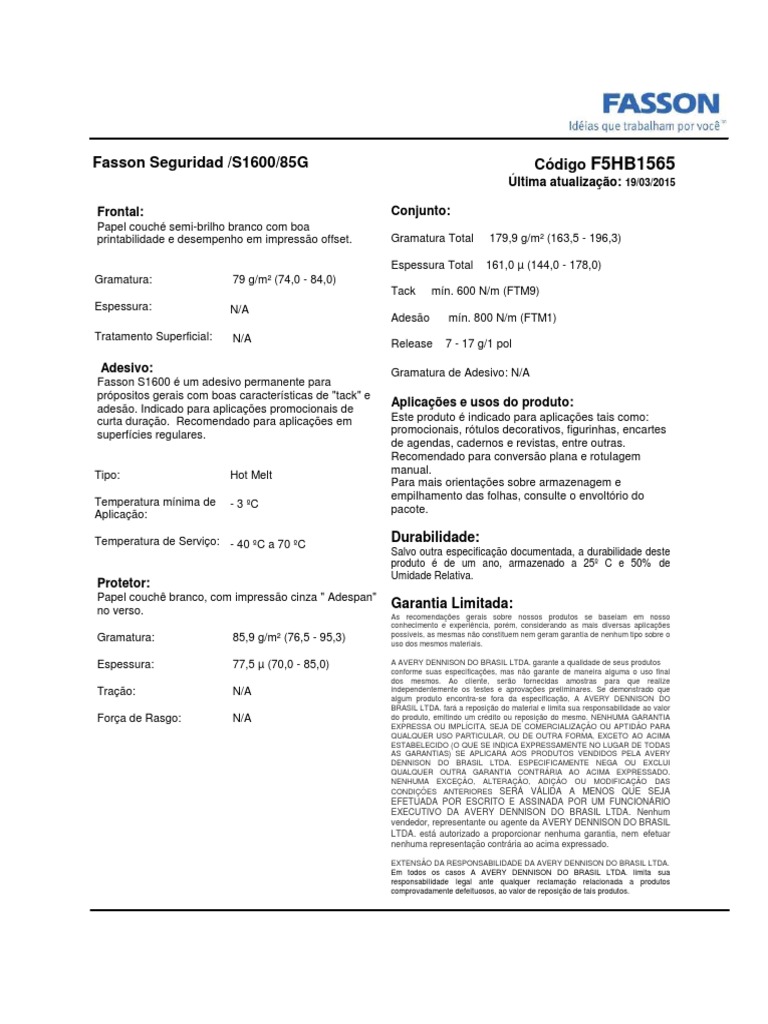 FT F5HB1565 Fasson Seguridad-S1600-85g | PDF