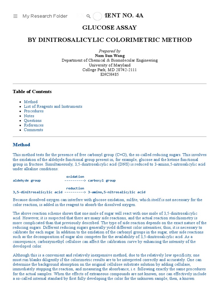 DNS Assay For Reducing Sugar | PDF | Chemical Reactions | Absorbance