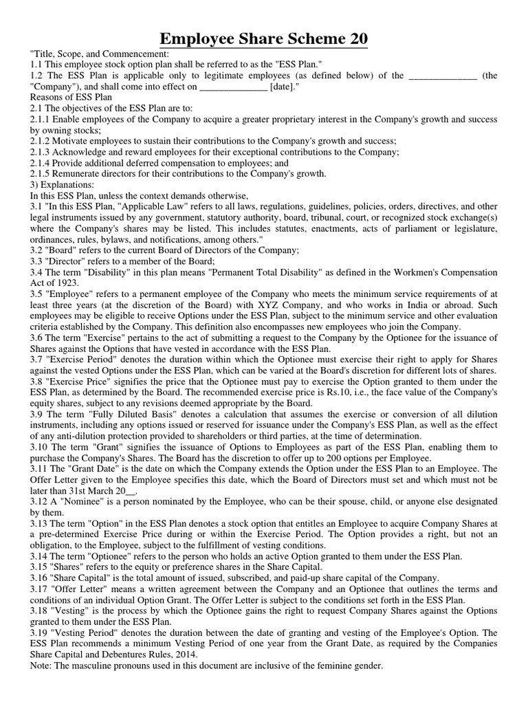 Employee Share Scheme - Employee Stock Option Plan PDF | PDF | Vesting ...