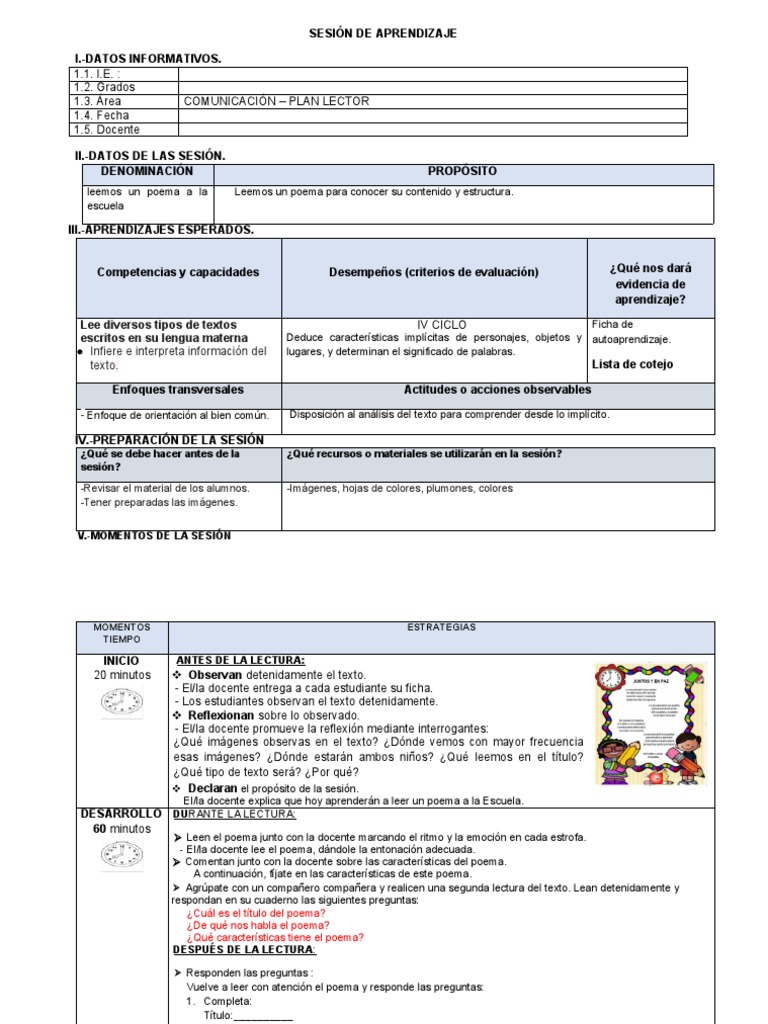 Sesion de Aprendizaje Plan Lector Iv Ciclo | PDF | Aprendizaje | Evaluación