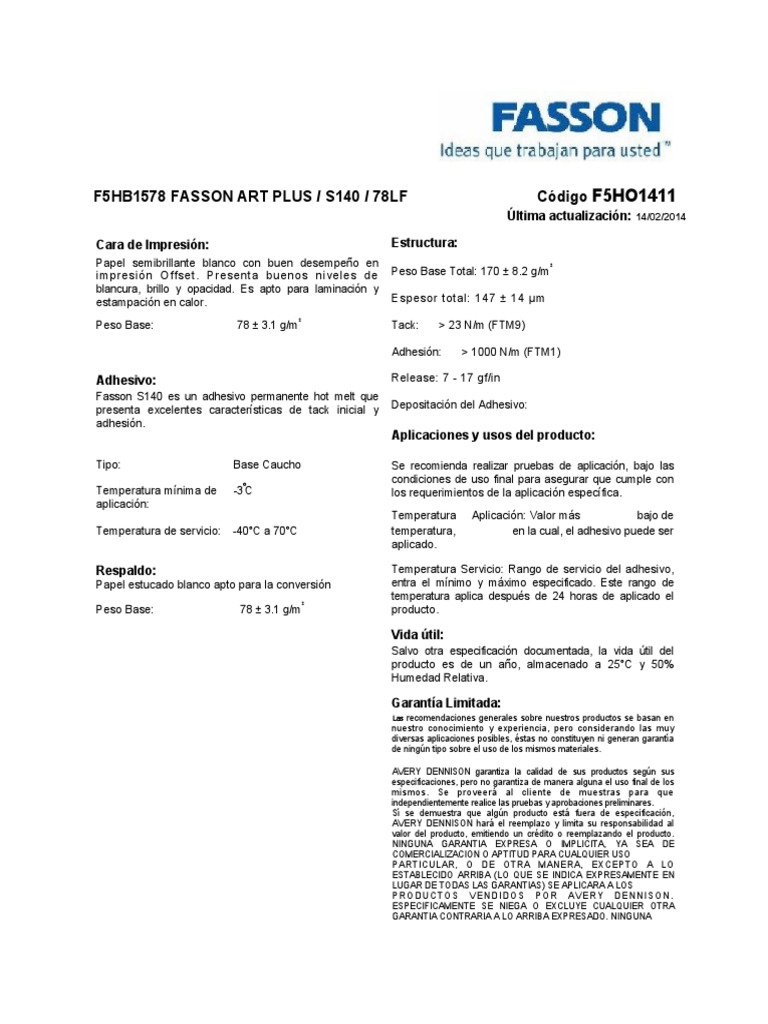 (DS) F5ho1411 Fasson Art Plus-S140-78lf | PDF