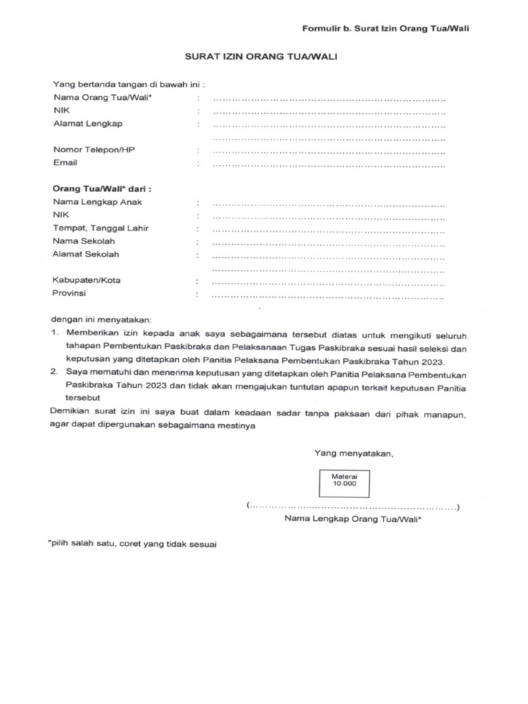 Form Surat Izin Orang Tua - Wali | PDF