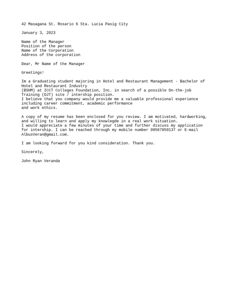 SIP Application Letter | PDF