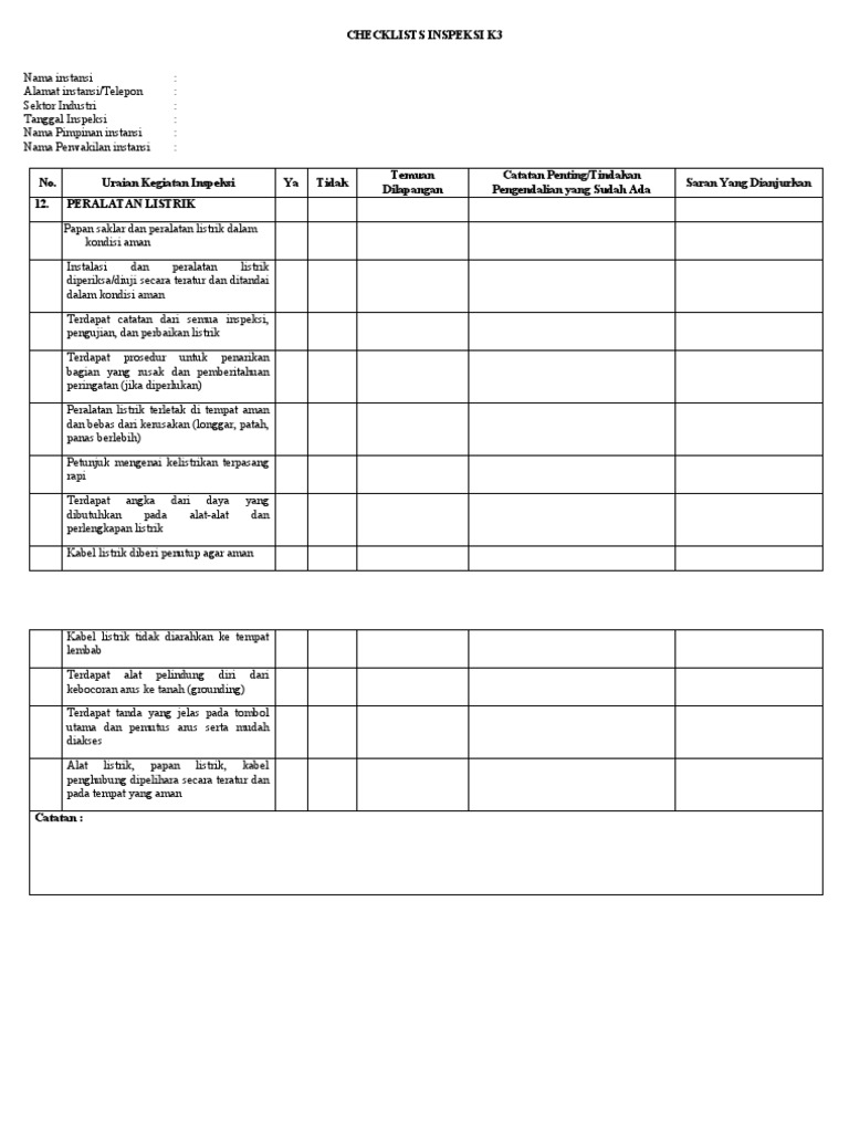 Checklists Inspeksi K3 Peralatan Listrik (Sfile | PDF