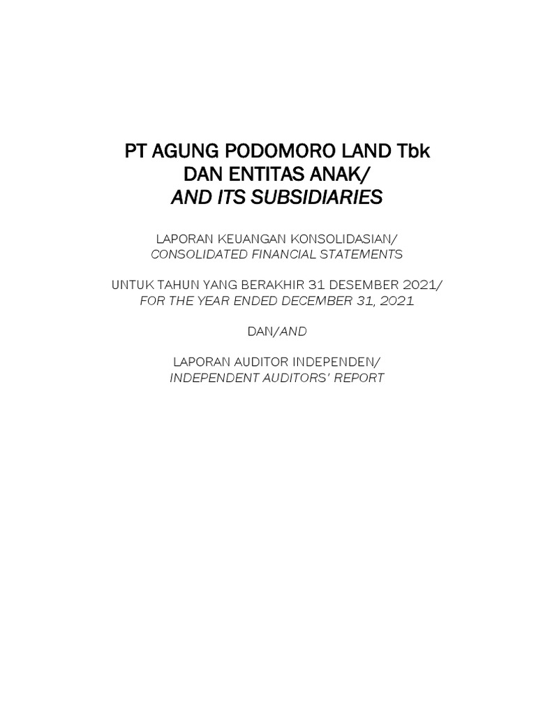 Audited FS PT Agung Podomoro Land TBK 2021 PDF | PDF | Equity (Finance ...
