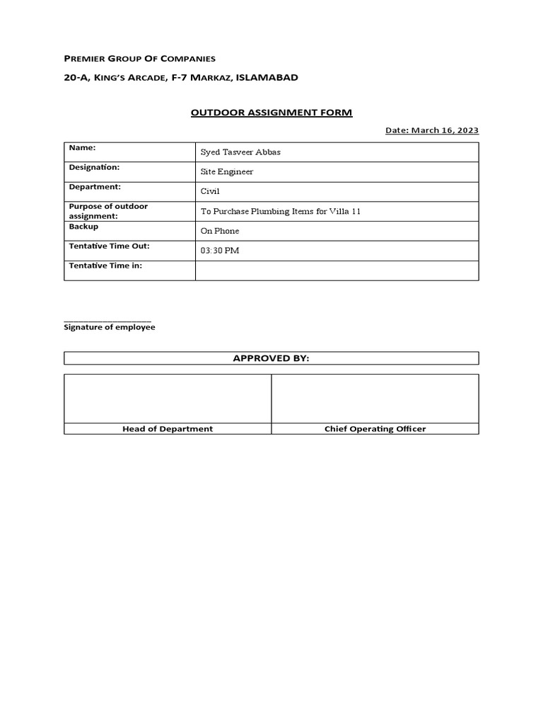 Outdoor Assignment form-COO Sign New | PDF
