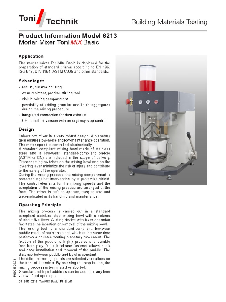 Mortar Mixer ToniMIX Basic Specs | PDF | Electrical Engineering | Manufactured Goods