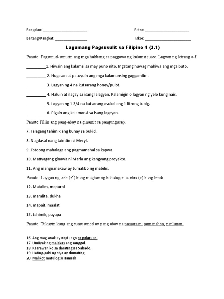 Summative Test 3.1 Filipino Grade 4 | PDF