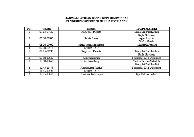 Jadwal Latihan Dasar Kepemimimpinan Osis SMP 12 | PDF