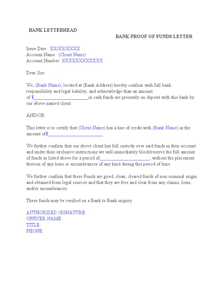 Bank Proof of Funds Letter Template | PDF | Law