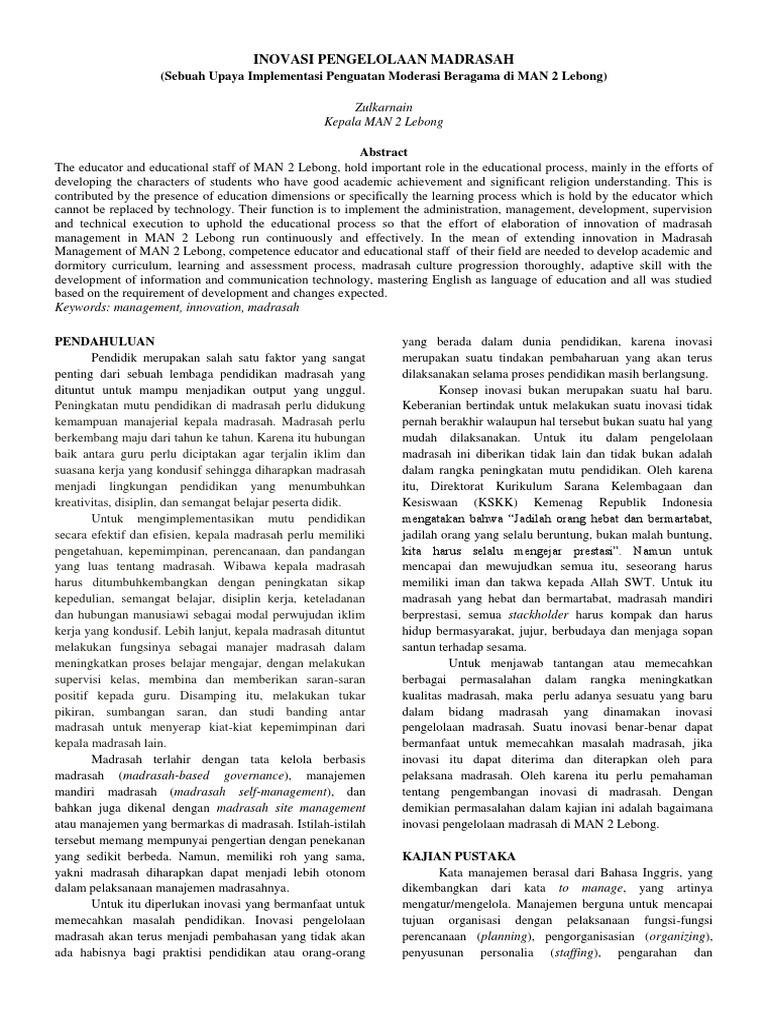 Artikel Inovasi Pengelolaan Madrasah MAN 2 LEBONG | PDF