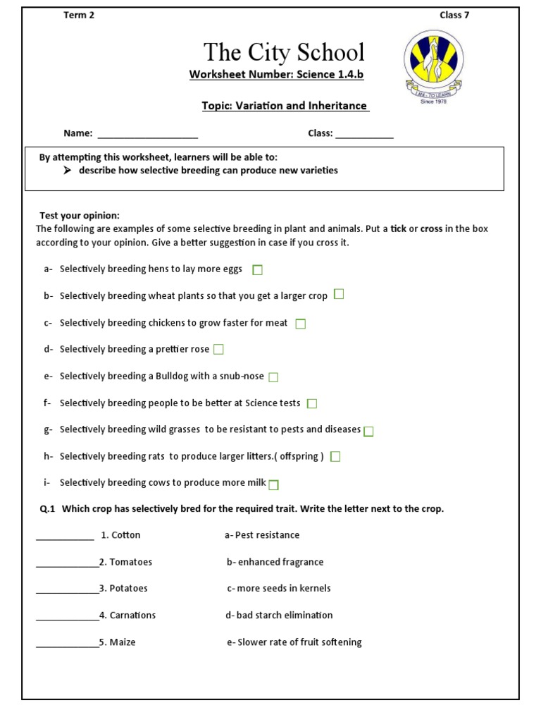Understanding Selective Breeding: A Worksheet on Variation and ...