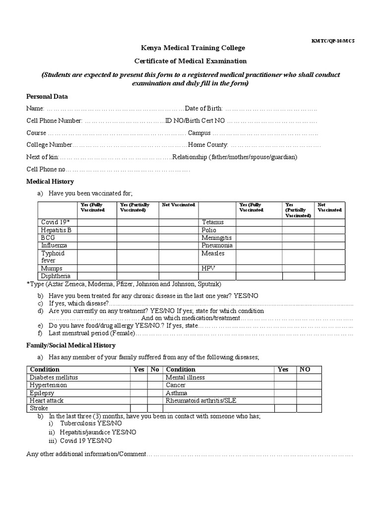 KMTC Medical Examination Certificate Form | PDF | Vaccines | Immunology