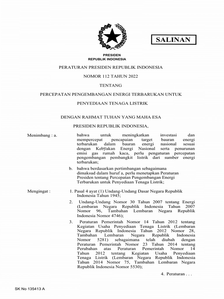 Perpres 112-2022 Percepatan Pengembangan Energi Terbarukan Untuk ...
