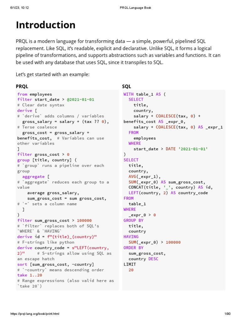 Prql Language Book Pdf Parameter Computer Programming Sql
