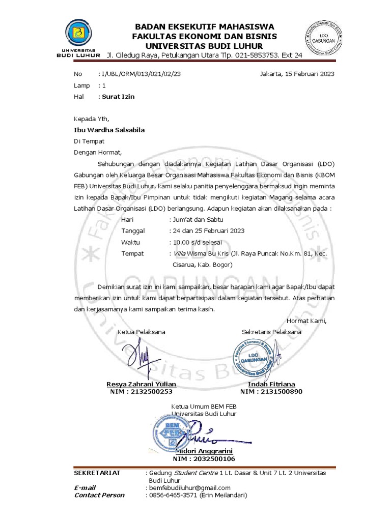 Surat Izin - Syifa Elfira | PDF