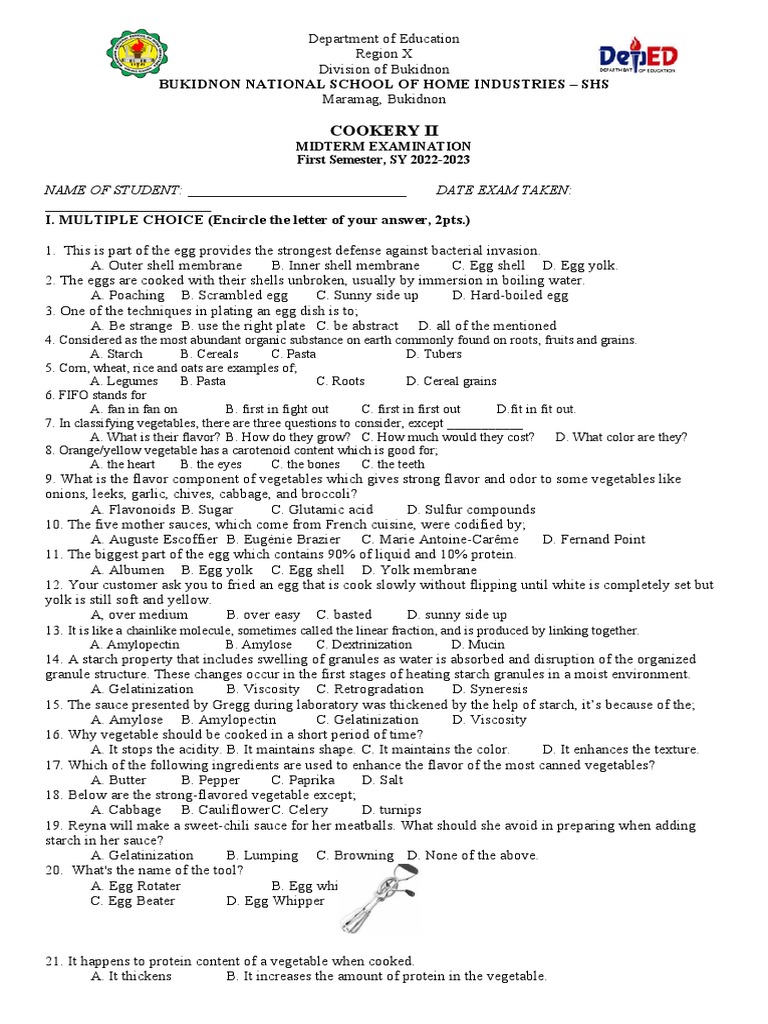 Cookery Ii-Midterm | PDF | Egg As Food | Cooking