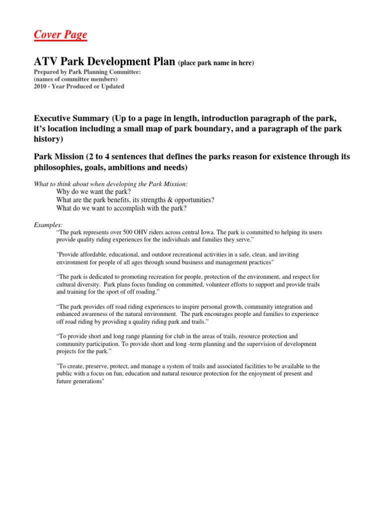 ATV Park Development Plan: Providing Quality Riding Experiences for the Community | PDF | Parks ...