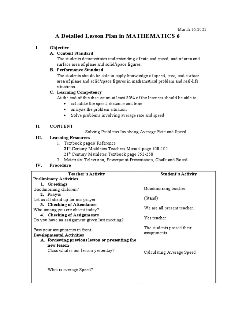 A Detailed Lesson Plan in MATHEMATICS 6 Day 4 A | PDF | Speed | Lesson Plan