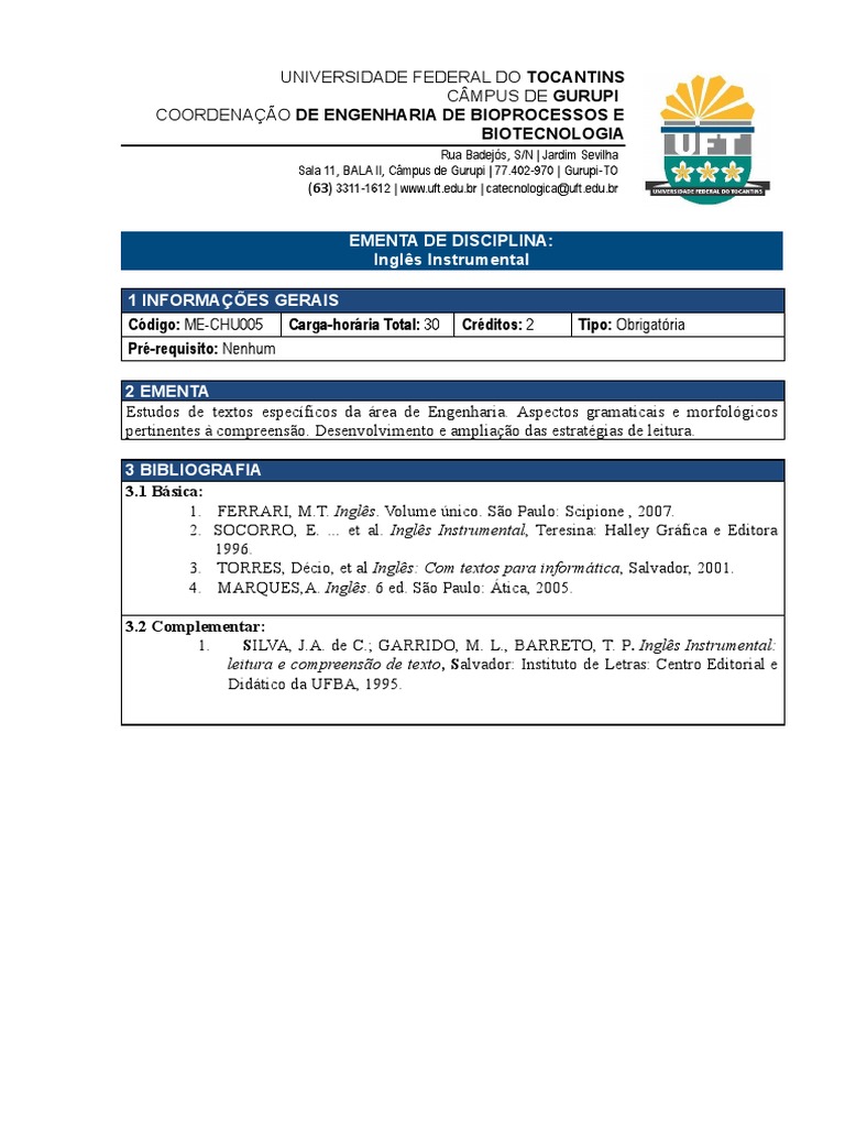Ementa de Inglês Instrumental | PDF