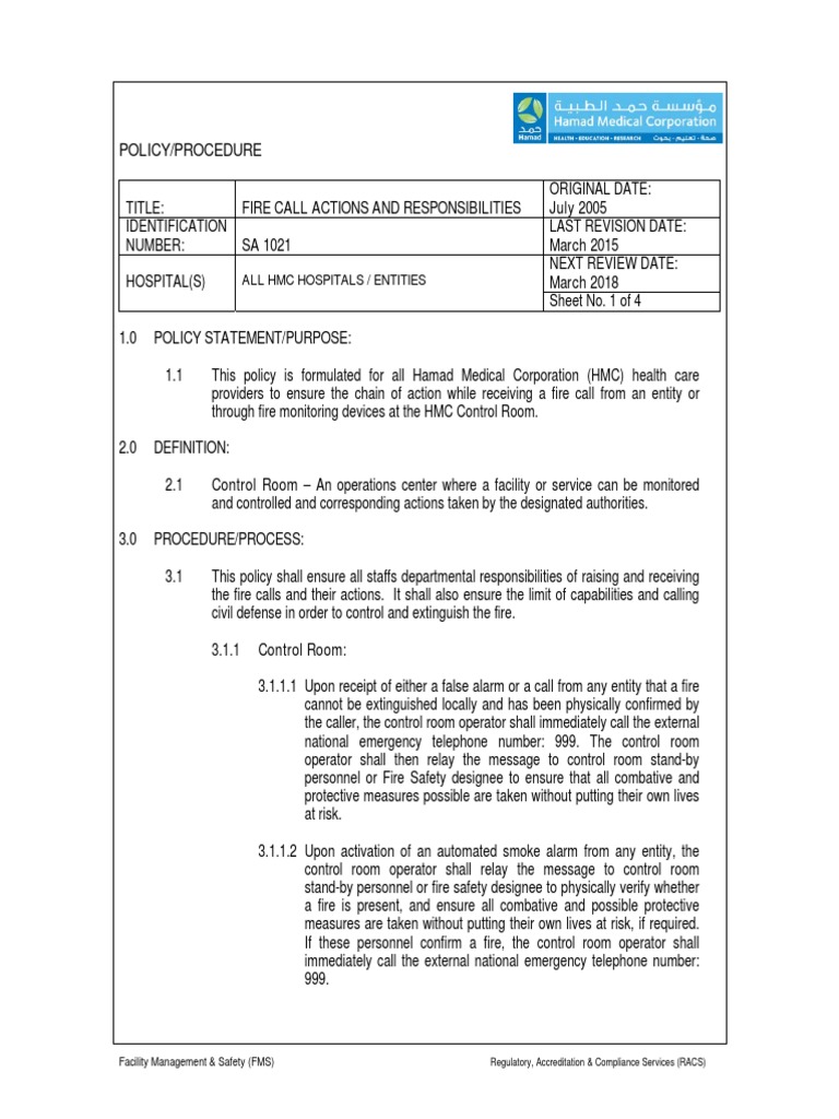 SA 1021 Fire Call Actions and Responsibilities | PDF | Fire Safety ...