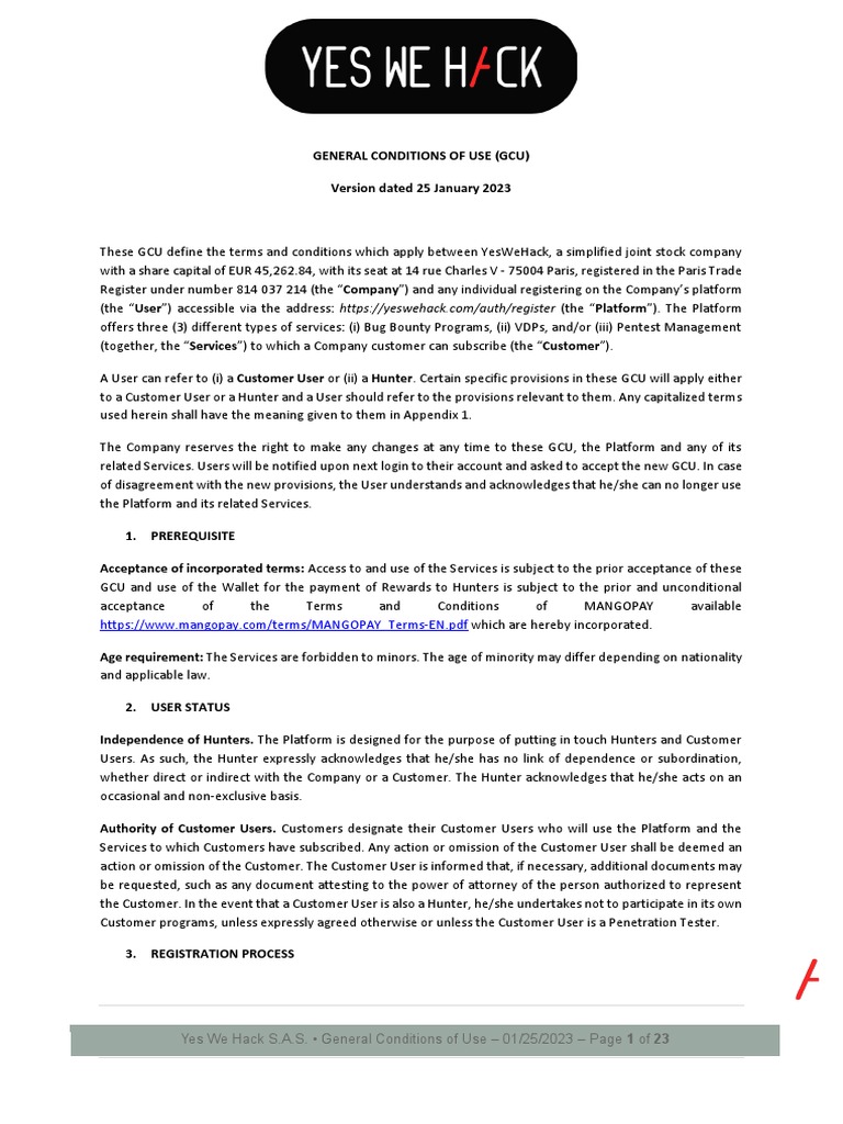 Yes We Hack S.A.S. - General Conditions of Use - 01/25/2023 - Page 1 of ...