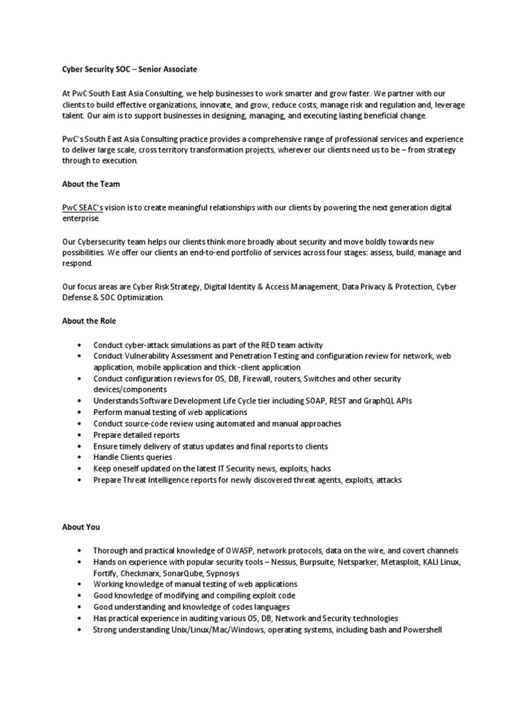 Job Description - Cyber Security SOC Senior Associate | PDF | Security | Computer Security