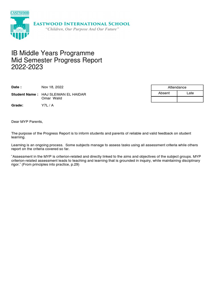 IB Middle Years Programme Mid Semester Progress Report 2022-2023 | PDF ...