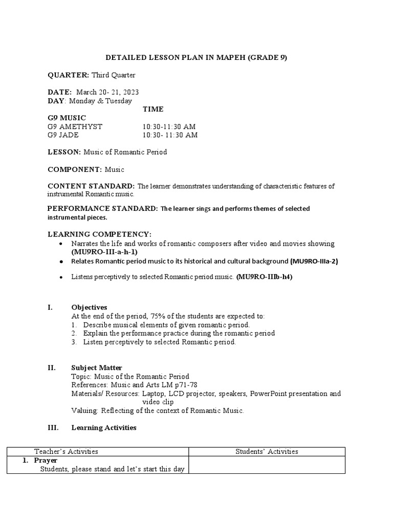 G9 Music DLP 3 | Download Free PDF | Romantic Music | Lesson Plan