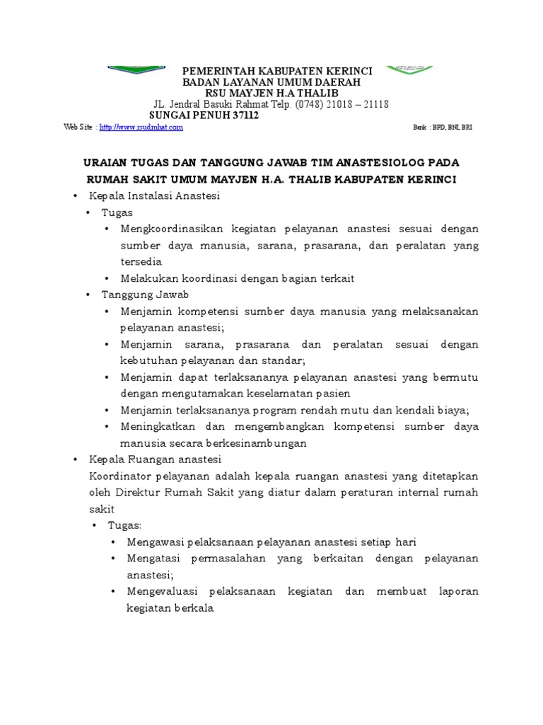 Uraian Tugas Tim Anestesi | PDF