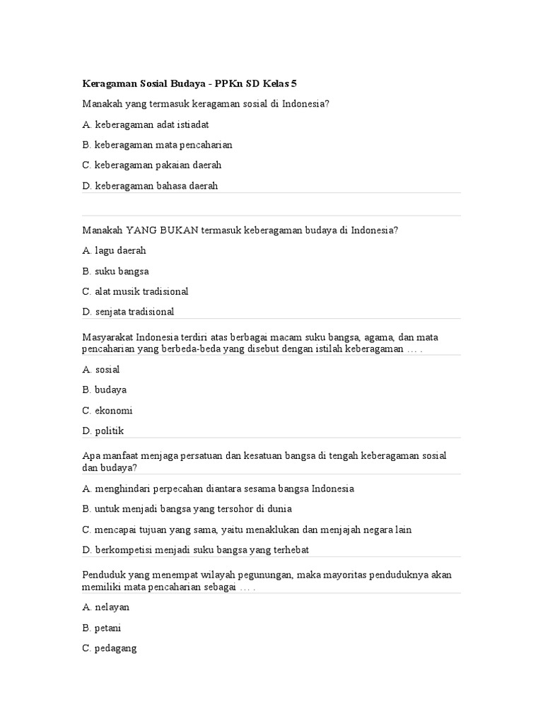 Kumpulan Soal Kls 5 SMT 2keragaman Sosial Budaya | PDF
