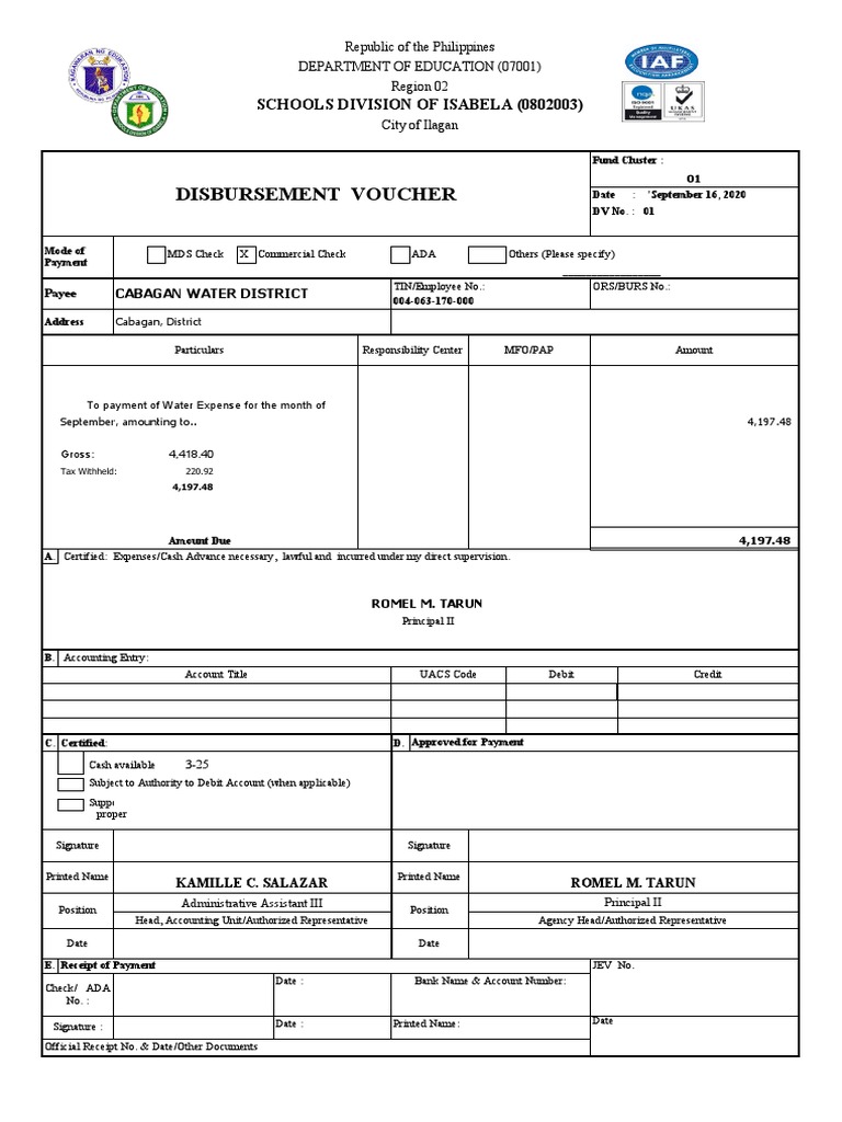 Disbursement Voucher 1 | PDF | Cheque | Payments