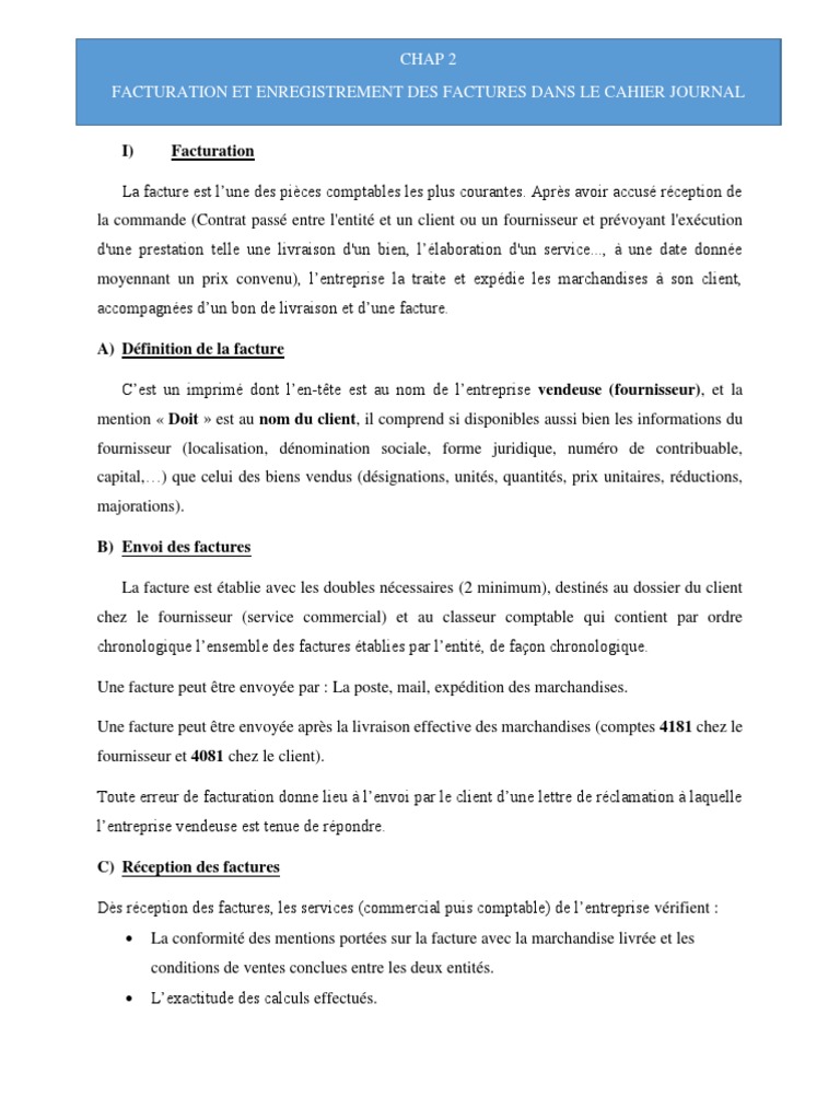 Cours Sur Facturation Et Enregistrement Des Factures Dans Le Cahier ...