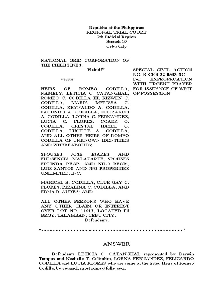 ANSWER - NGCP vs. Heirs of Romeo Codilla | PDF | Common Law | Justice