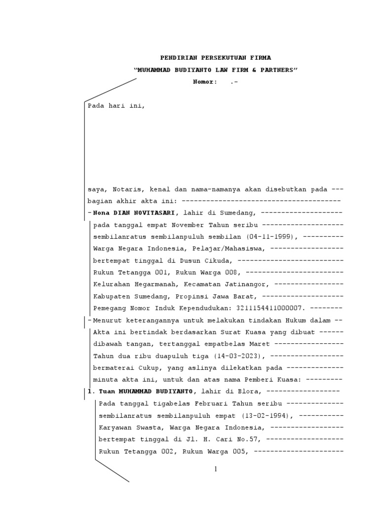 konsep Akta PENDIRIAN PERSEKUTUAN FIRMA MUHAMMAD BUDIYANTO LAW FIRM ...