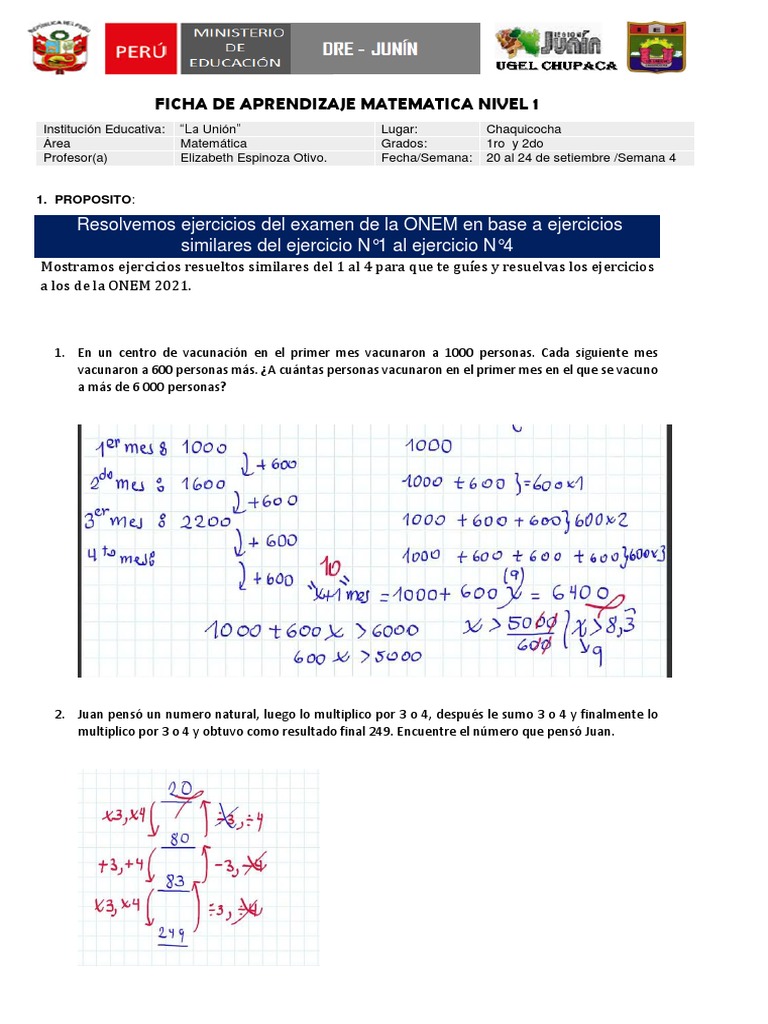FICHA DE MATEMATICA 1RO Y 2DO | PDF