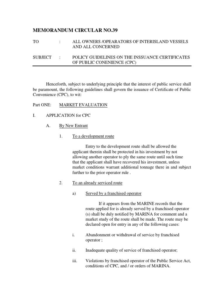 Marina Memorandum Circular No. 39 | PDF | Working Capital | Regulatory ...