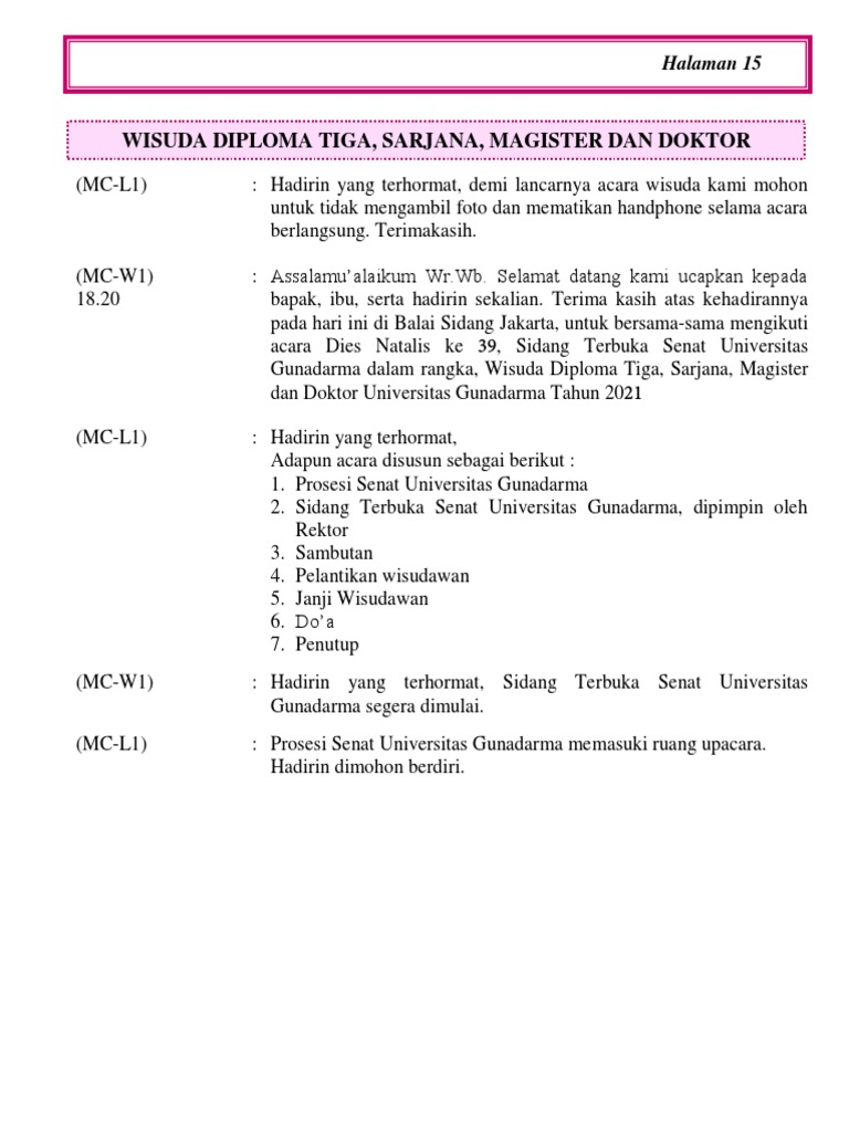 Teks MC Wisuda Universitas Gunadarma | PDF